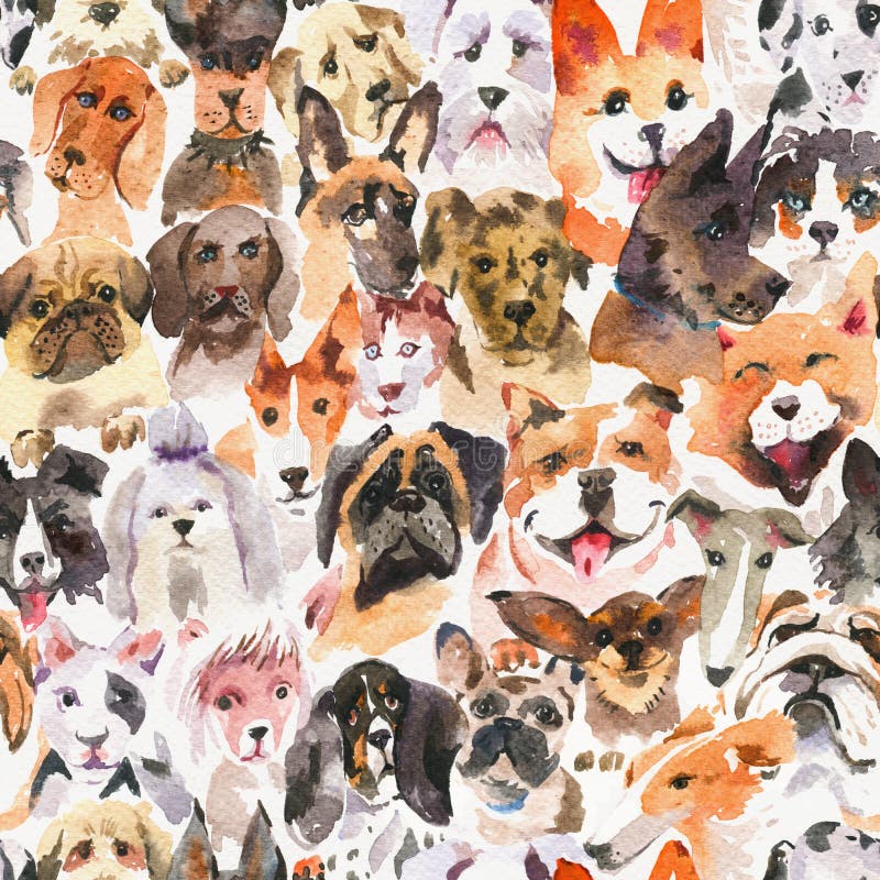 Colorful Watercolor Dog Face Seamless Pattern Stock Illustration ...