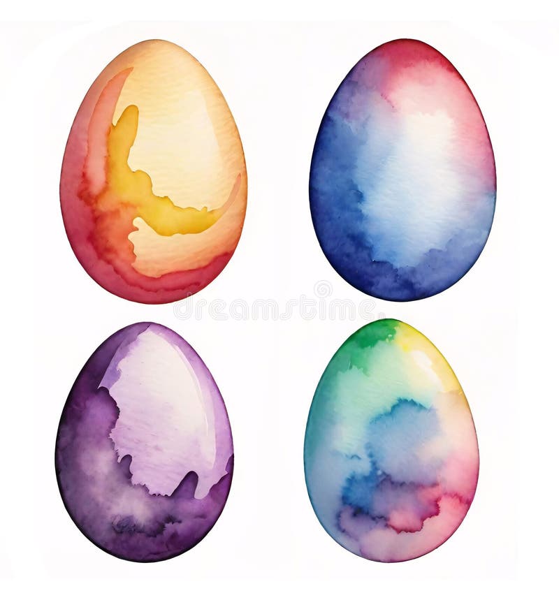 Colorful Watercolor Easter Eggs in Various Shades on a White Background ...