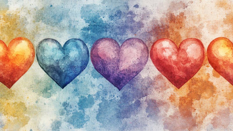 Colorful Watercolor Hearts Row on Textured Background Stock ...