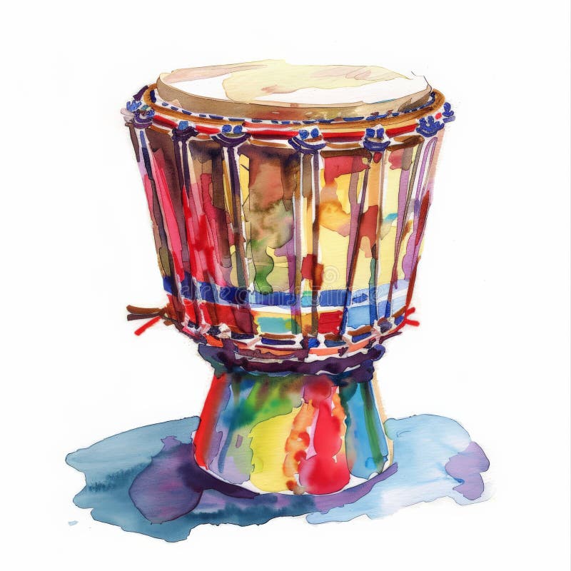 A Colorful Watercolor Illustration of a Bongo Drum, Featuring Bold and ...