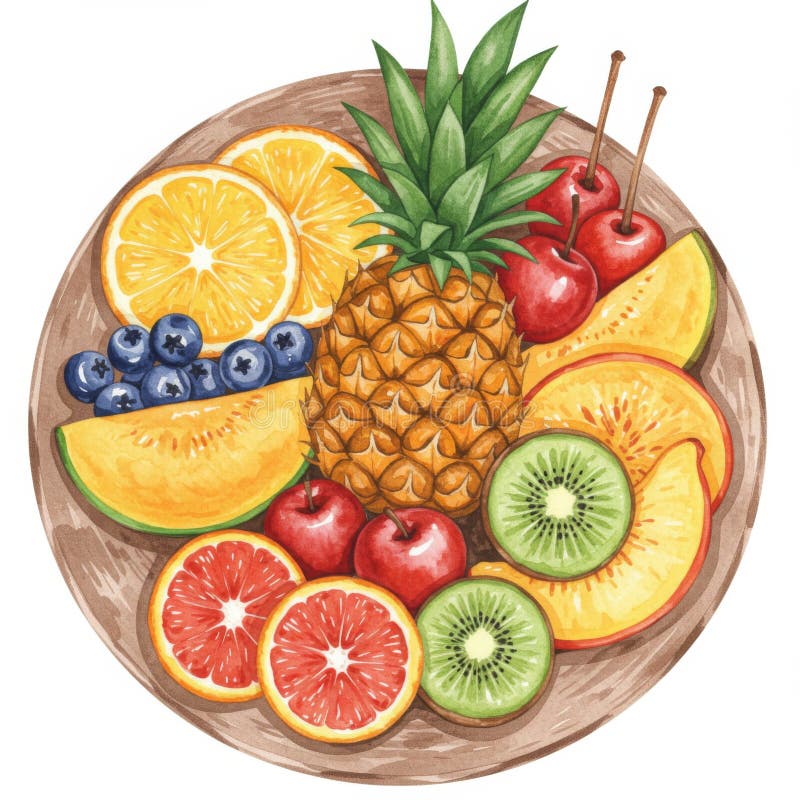 Colorful Watercolor Illustration of Fresh Fruit Platter Stock ...