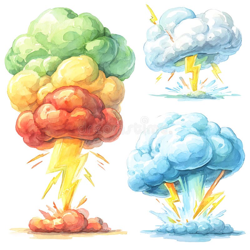 Colorful Watercolor Illustrations of Exploding Clouds with Lightning ...