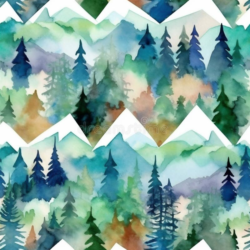 Watercolor Mountains and Trees Seamless Tile Pattern, Generative AI ...