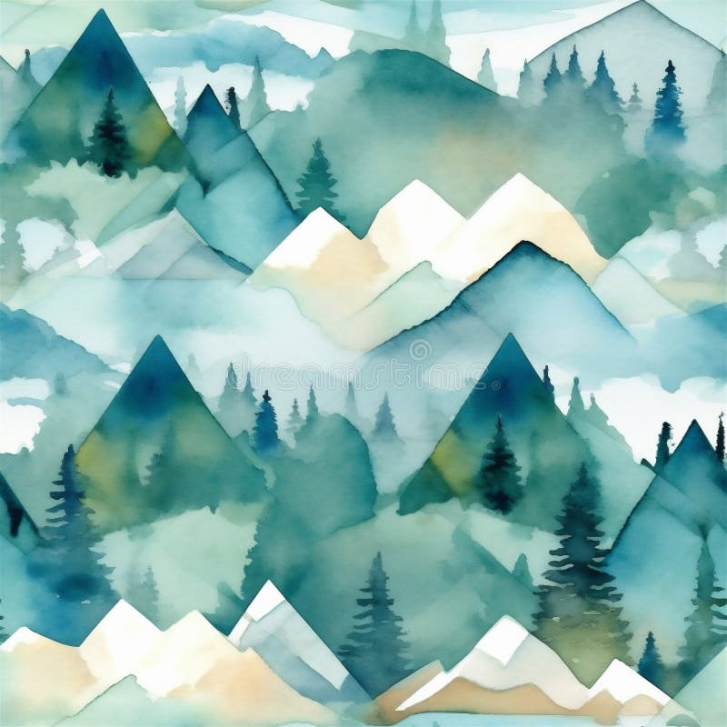 Watercolor Mountains Seamless Tile Pattern, Generative AI Stock ...