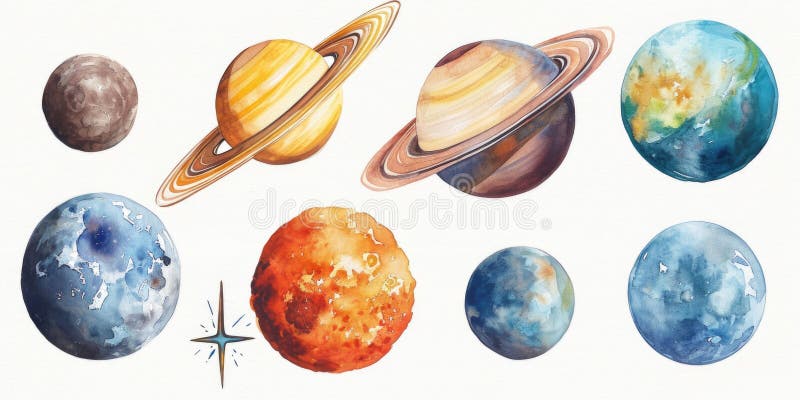 Colorful Watercolor Paintings of Various Planets on a White Background ...