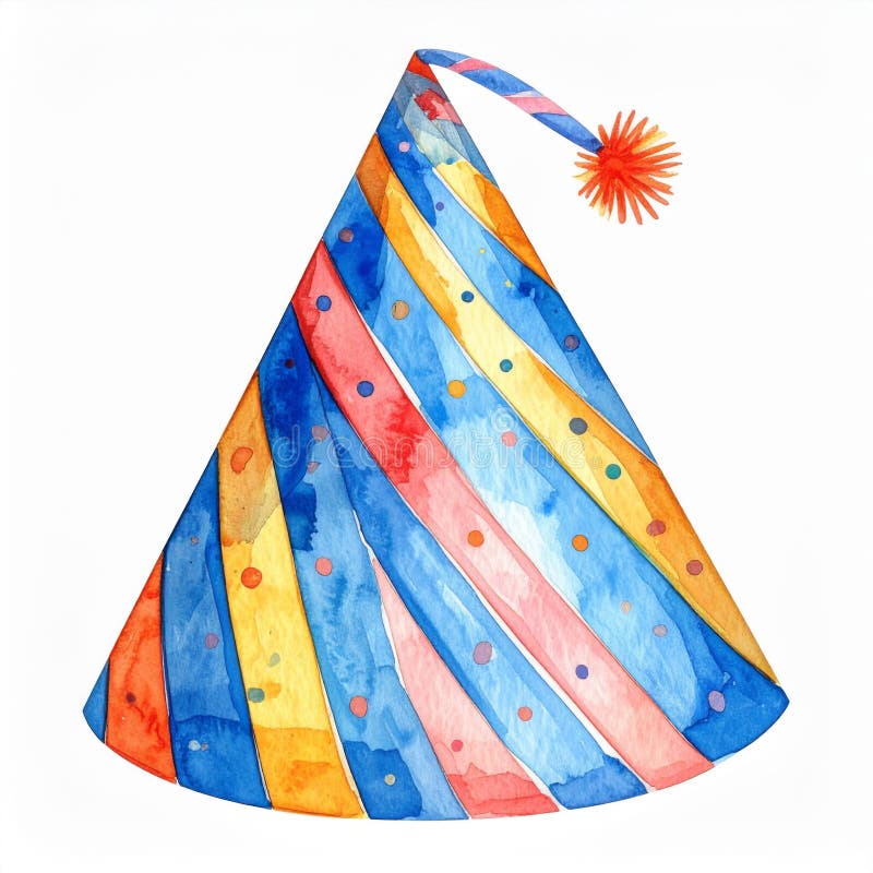Colorful Watercolor Party Hat with Stripes and Dots Stock Illustration ...