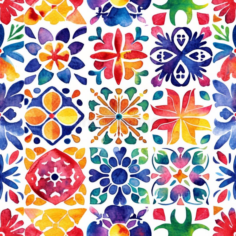 Colorful Watercolor Patterns Mimicking Traditional Ceramic Tiles Stock ...
