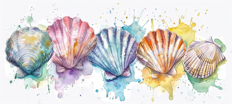 Colorful Watercolor Seashells with Splashes on White Background Stock ...