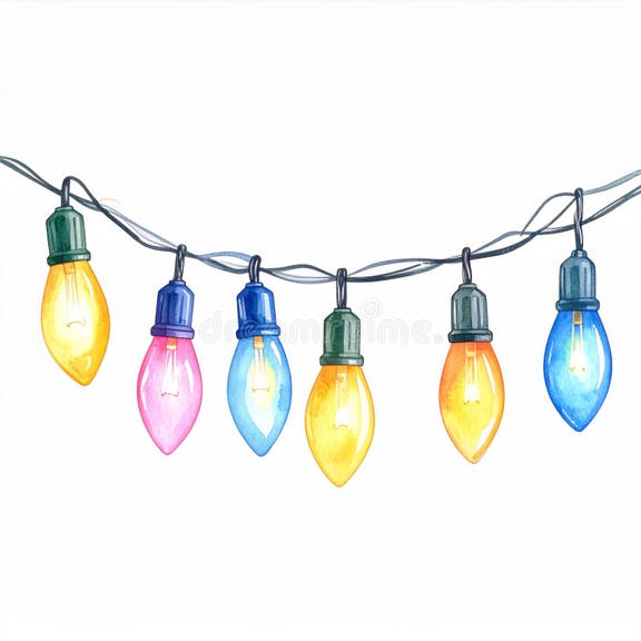 Colorful Watercolor String Lights on White Background Stock ...