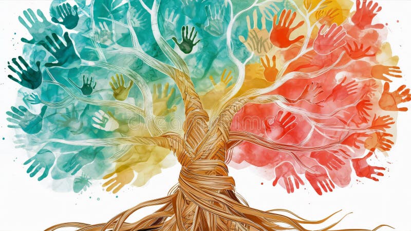 Colorful Watercolor Tree of Hands, Unity, High Quality Image Stock ...