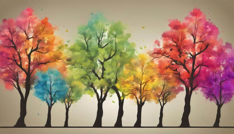 Colorful Watercolor Trees Representing Seasons Stock Illustration ...