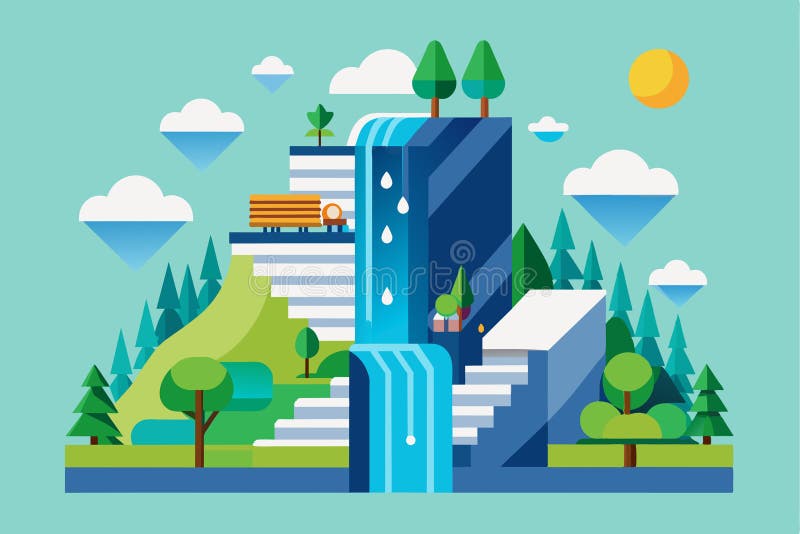 A Colorful Waterfall Cascades Down a Stylized Landscape, Surrounded by ...