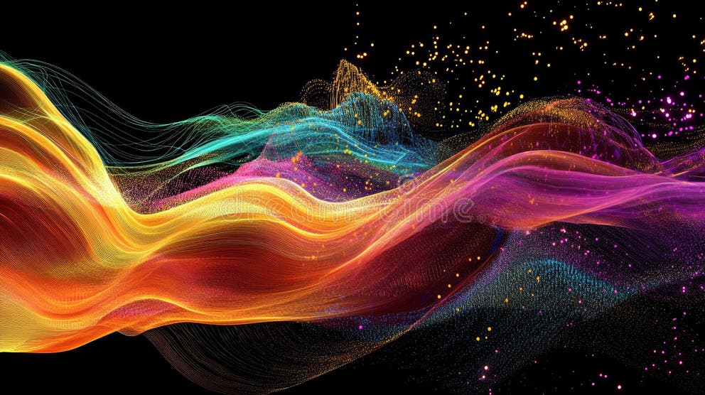 Colorful Wave Patterns Flowing through Dark Space with Sparkles Stock Illustration ...
