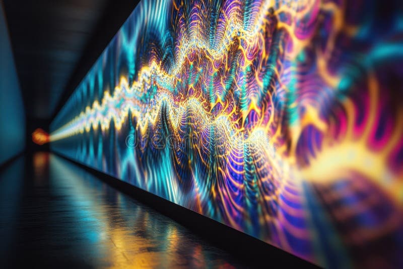 Colorful Wave Patterns Illuminated in an Art Installation within a Dark ...