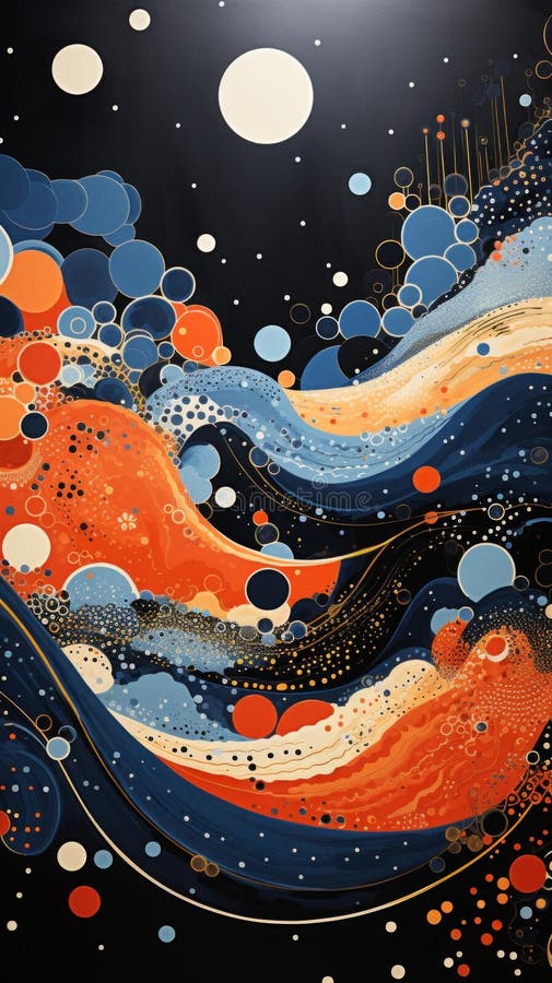 Colorful Waves: Fluid Abstract Painting with Orange and Blue Circles ...