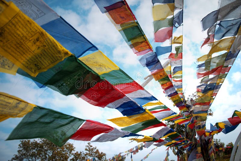 Colorful Waving Prayer Flags Stock Image - Image of buddhist, outdoor ...