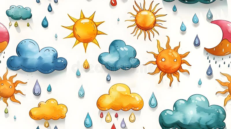 Colorful Weather-themed Illustrations Featuring Suns, Clouds, and ...