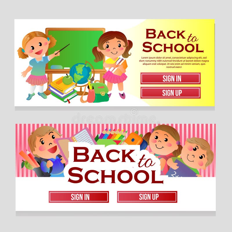 Colorful Web Banner School Theme with Cartoon Kids Stock Vector ...