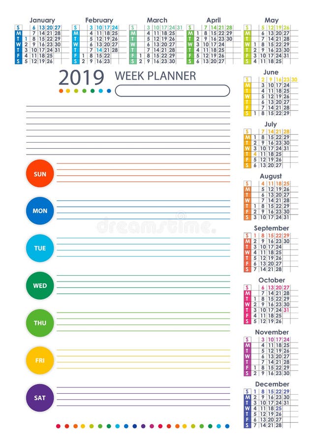 2019 Colorful Week Planner stock vector. Illustration of date - 124573707