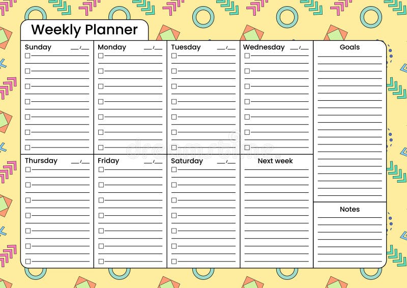 Colorful Weekly Planner Template with To-Do List and Goals Stock Vector ...
