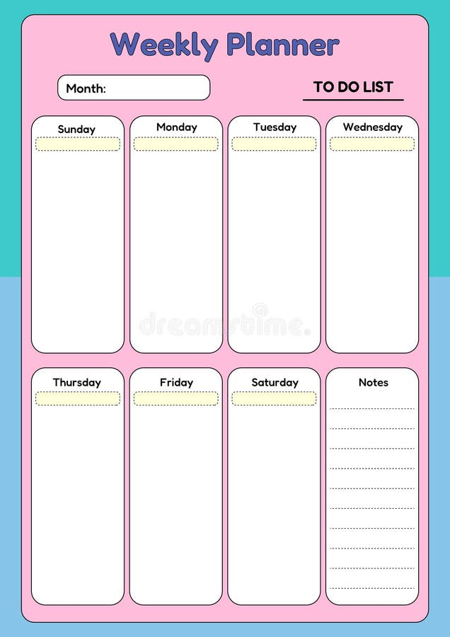 Colorful Weekly Planner Template with To-Do List and Notes Stock Vector ...