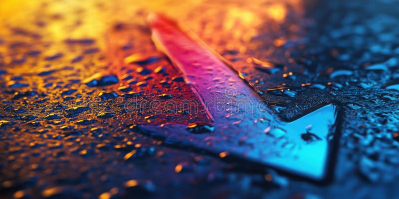 Colorful Wet Arrow on Pavement Reflecting Vibrant Lights and Raindrops ...