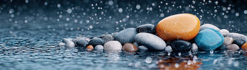 Colorful Wet Pebbles on a Surface Surrounded by Raindrops and Water ...