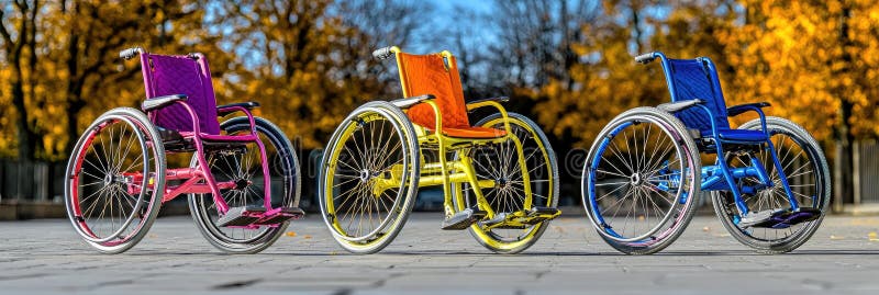 Colorful Wheelchairs Lined Up in a Row Signifying Inclusivity and ...