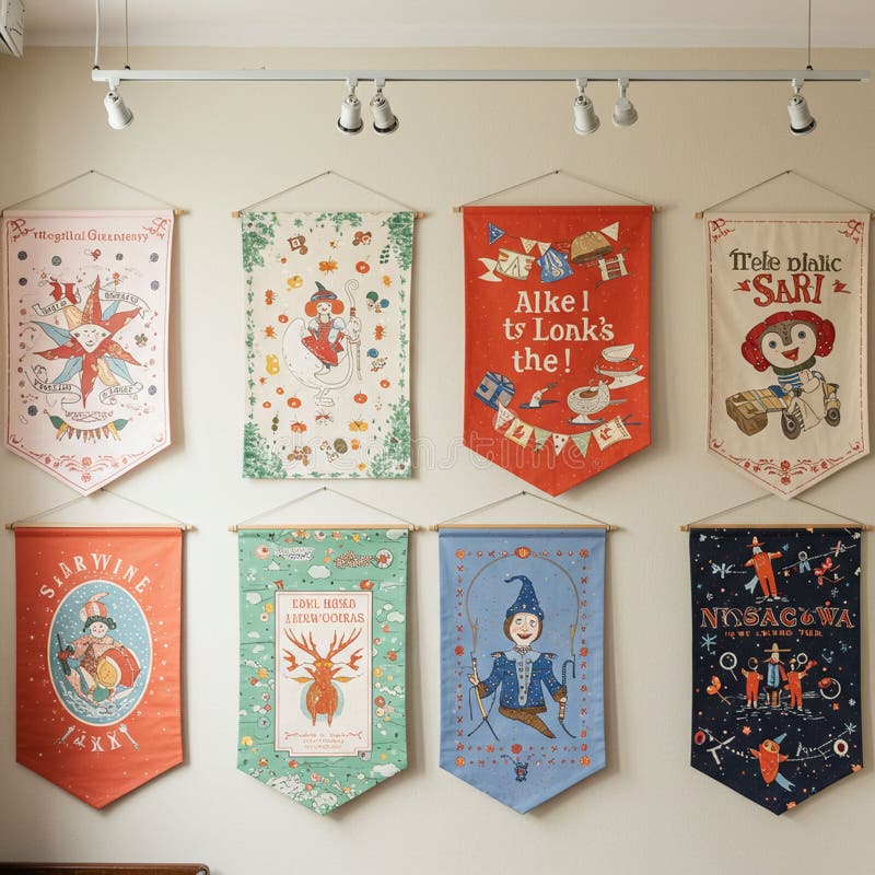 Colorful, Whimsical Banners Hang on a Wall, Featuring Various ...