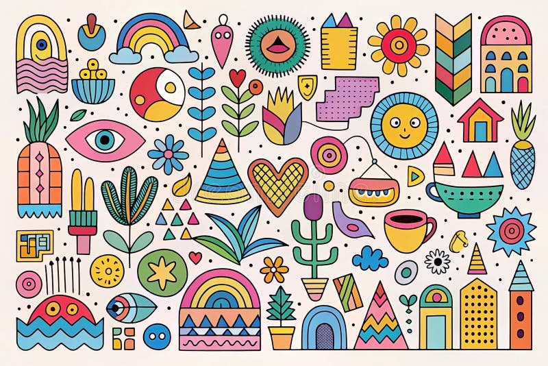 Colorful, Whimsical Illustration Featuring Various Shapes, Patterns ...