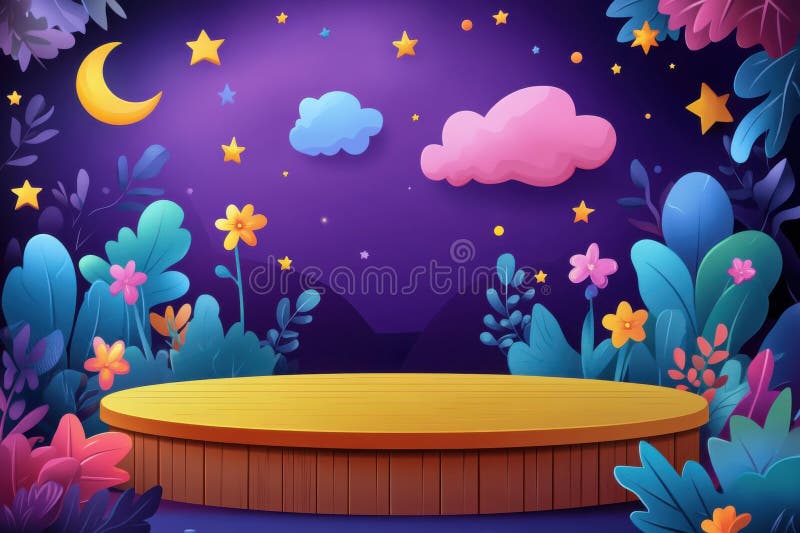 A Colorful, Whimsical Scene of a Stage with a Wooden Platform Stock ...