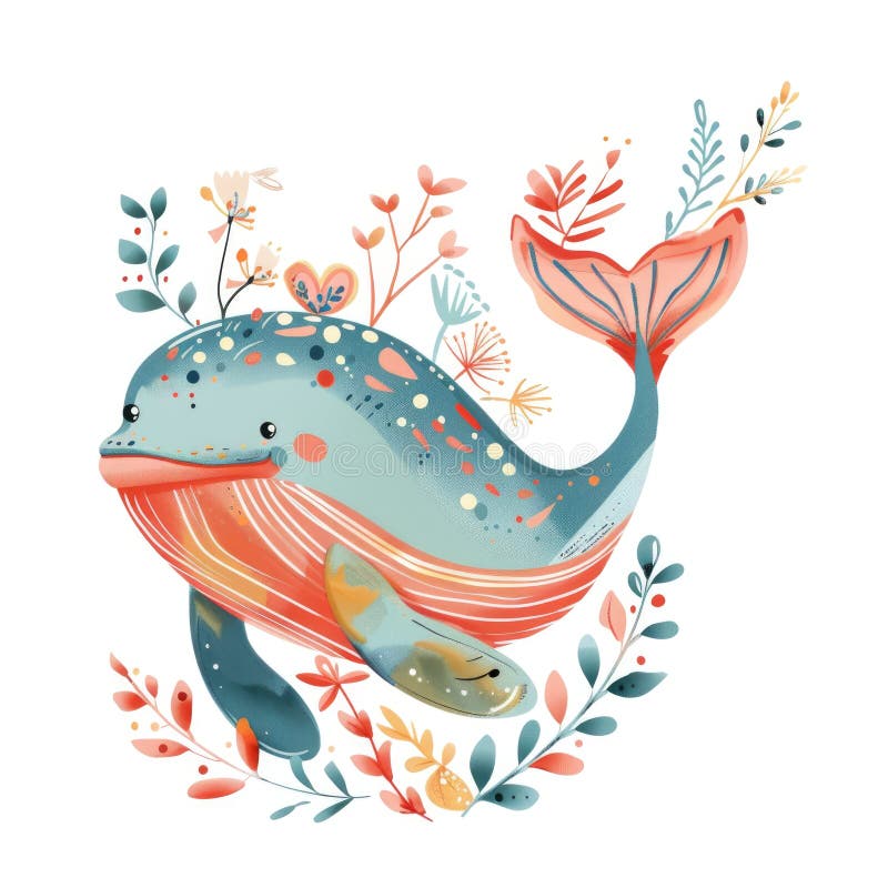 Colorful Whimsical Whale with Floral Patterns and Oceanic Elements in ...