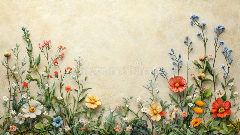 Colorful Wildflower Border on Beige Textured Background Stock ...