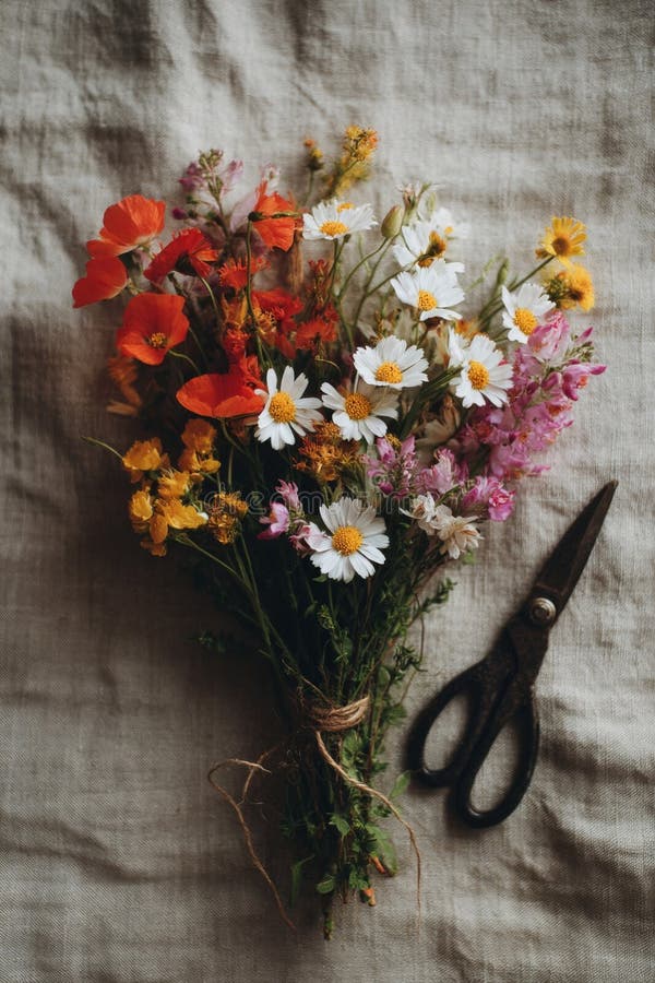 Colorful Wildflower Bouquet with Scissors on Linen Fabric Stock ...