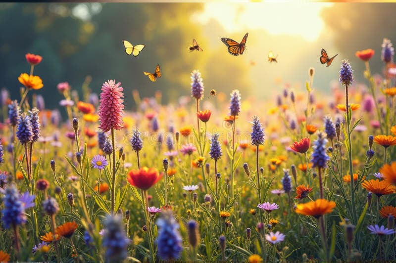 Colorful Wildflower Meadow with Butterflies at Sunrise Stock Photo ...