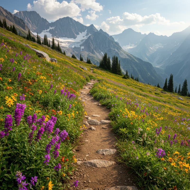 Colorful Wildflower Meadow Trail in Mountain Landscape Stock ...