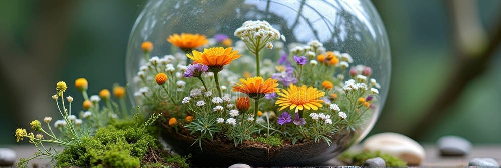 Colorful Wildflower Terrarium with Moss and Pebbles Stock Photo - Image ...
