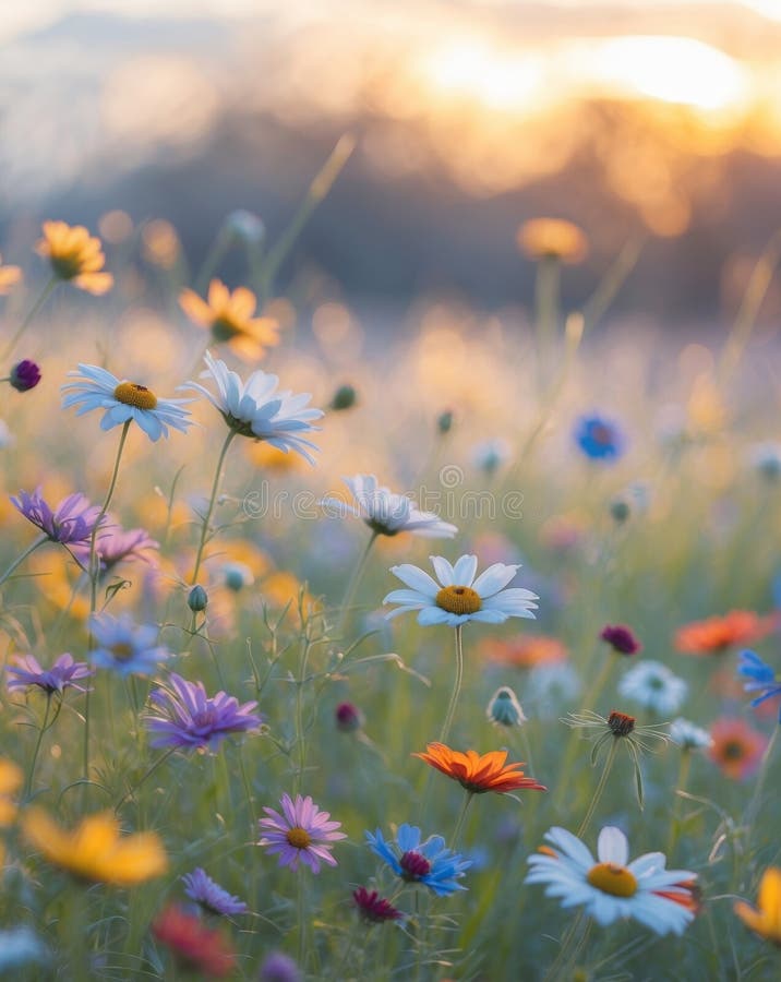 Colorful Wildflowers Blooming in a Serene Meadow during Sunset in ...