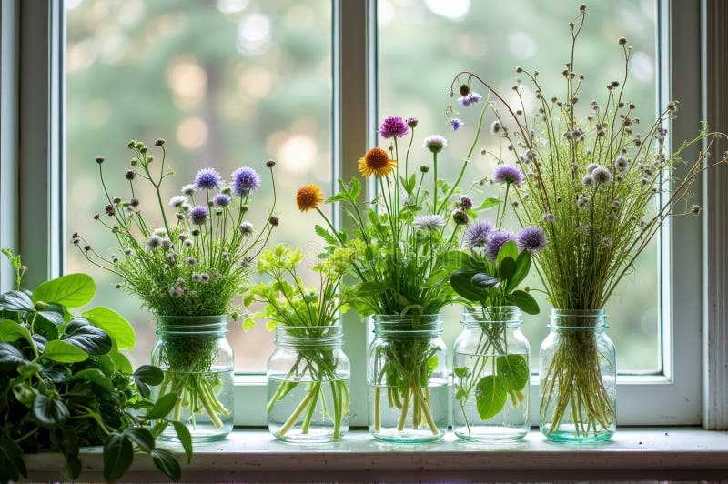 Colorful Wildflowers in Glass Jars on Window Sill with Soft Natural ...