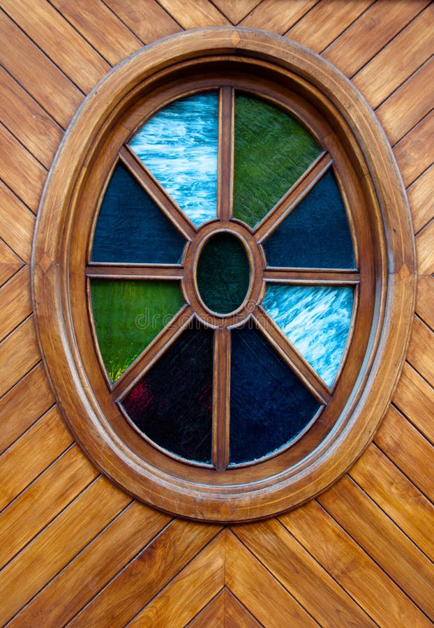 Porthole Ship Window on Wooden Doors, Sky Reflection Stock Photo ...
