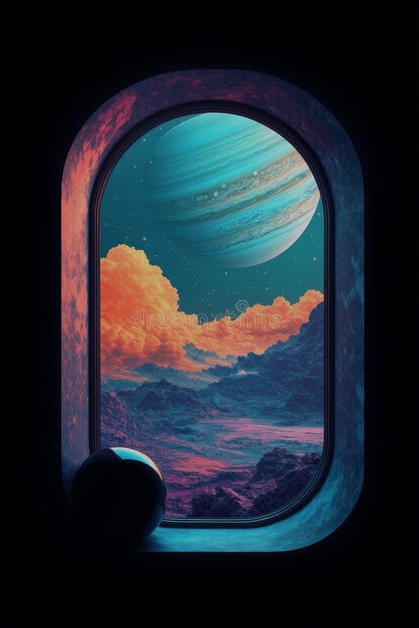 Colorful Window Framing a Stunning Cosmic View of Jupiter and Distant ...