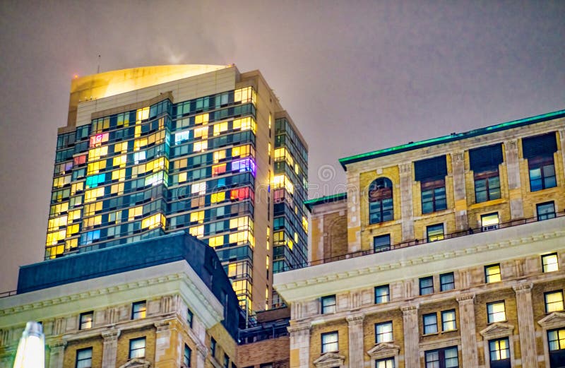 Colorful Windows at Night in a Multi-story Building Editorial ...