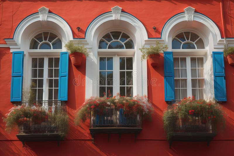 Colorful Windows on a Red Wall in the City. Generative Ai Stock ...