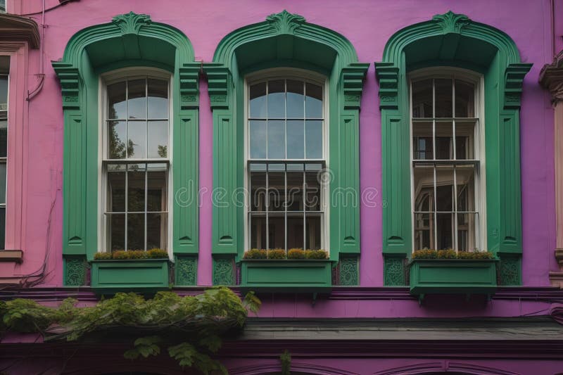 Colorful Windows in a Row of Houses. Generative Ai Stock Illustration ...