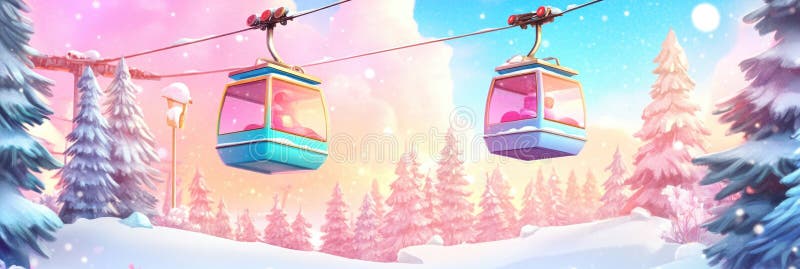 Colorful Winter Cable Cars in a Magical Sunset Forest Stock Image ...
