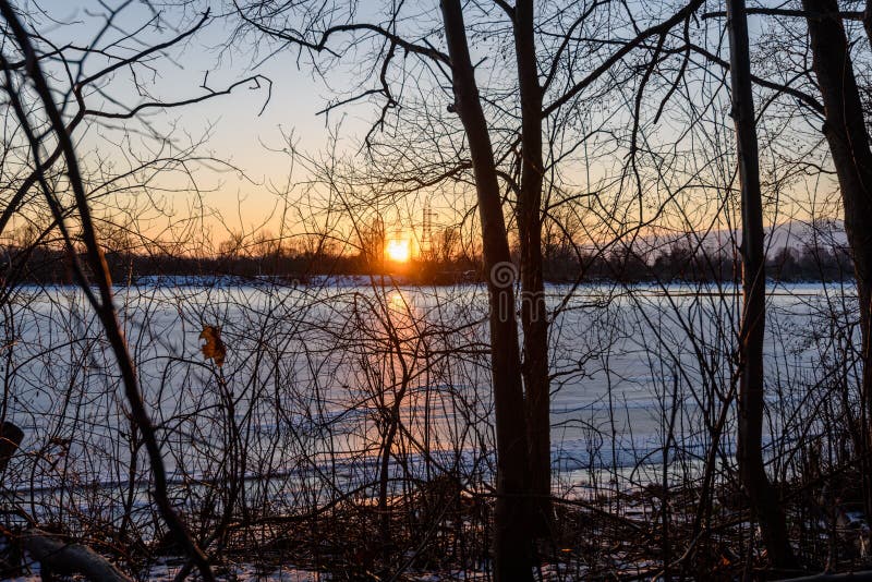 Colorful Winter Sunset with Light Rays Coming through the Trees Stock ...