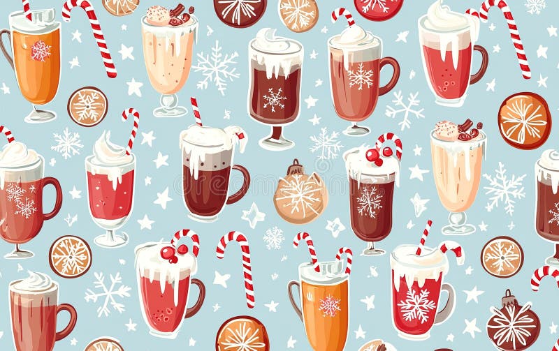 A Colorful Winter-themed Illustration Featuring an Array of Festive Drinks on a Light Blue ...