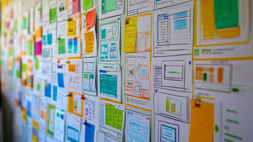 Colorful Wireframe Designs Pinned on Wall for Collaborative Website ...