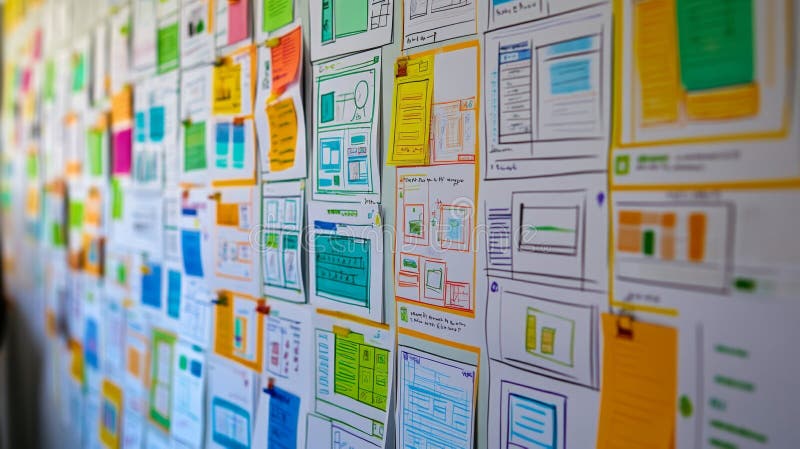 Colorful Wireframe Designs Pinned on Wall for Collaborative Website ...