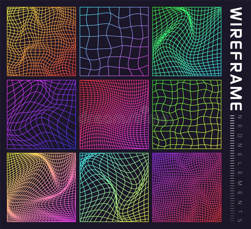 Colorful Wireframe Shapes, Lined Perspective Mesh, 3d Grid. Low Poly ...